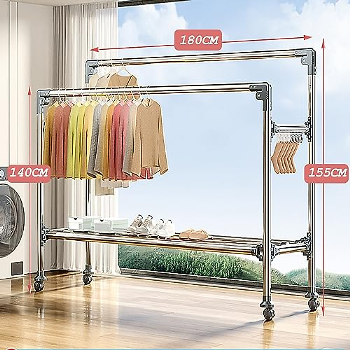 RUYICZB 2 Layer Floor Clothes Drying Rack Stainless Steel Drying Double Pole Clothes Rack for Indoor Outdoor, Free-Standing Large Laundry Rack Organizer for Clothes Lingerie Towels Linens