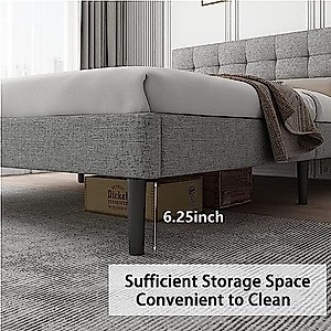 Lijimei Full Size Bed Frame with Headboard, Upholstered Bed Frame with Wood Slats Support and Platform Headboard, Mattress Foundation, No Box Spring Needed, Easy Assembly, Noise Free, Light Gray