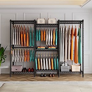 PUNION Heavy Duty Clothes Rack,Wire Garment Rack for Hanging Clothes,Multi-Functional Bedroom Clothing Rack with 5 Hanger Rod,7 Shelves,2 Side Hooks,Extra Wide 86"W X18”D X77”H, Max Load 1500LBS,Black