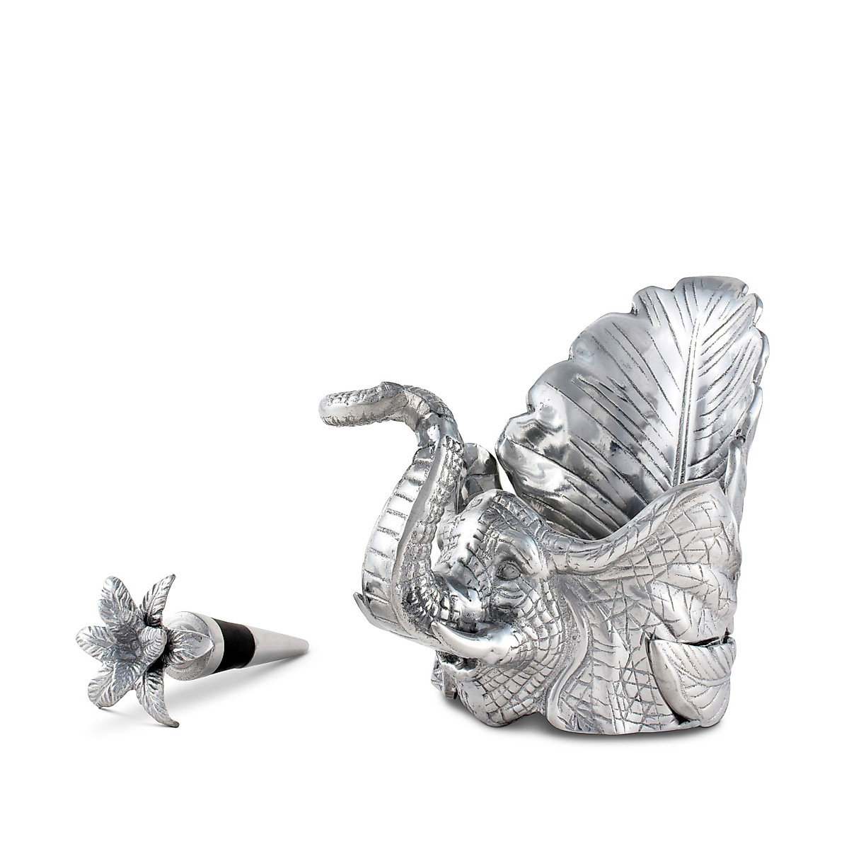 Arthur Court Aluminum Metal Elephant Wine Coaster and Stopper Set Sand casted Artisan Metal 4.5 inch Diameter Coaster 7 inch Tall