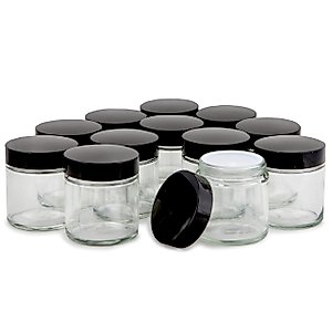 Vivaplex, 12, Clear, 4 oz, Round Glass Jars, with Inner Liners and black Lids