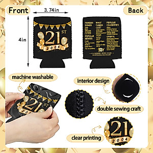 21st Birthday Can Cooler Sleeves Pack of 12- 21st Anniversary Decorations- 2002 Sign - 21st Birthday Party Supplies - Black and Gold the Twenty-First Birthday Cup Coolers