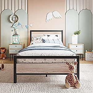 BOFENG Metal Bed Frame Twin Size with Vintage Wood Headboard and Footboard,Heavy Duty Metal Platform Bed Frames No Box Spring Needed,Mattress Foundation Firm Steel Slat Support(Natural Oak)