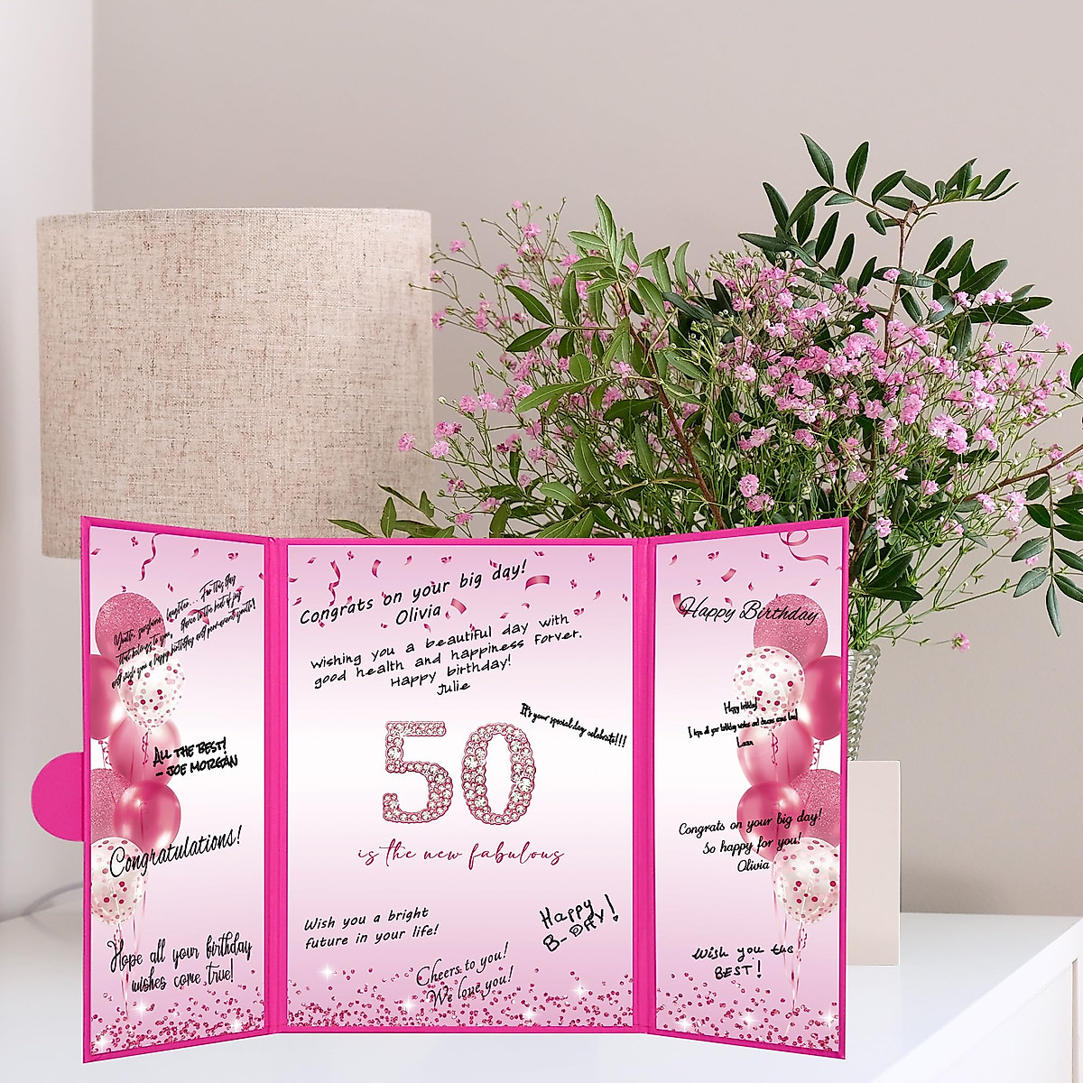DARUNAXY Hot Pink 50th Birthday Party Decorations for Women, Happy 50th Birthday Alternative Signature Guest Book Pink 50 Birthday Signing Card Board Party Supplies Cheers to 50 Years Old Gifts