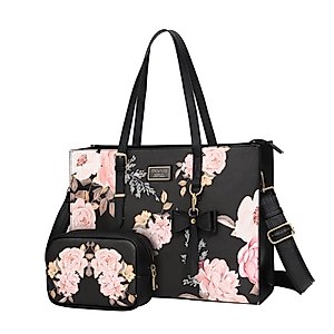 MOSISO Laptop Tote Bag Compatible with MacBook Air 15 inch M2 A2941/Pro 16 M3 M2 M1, 15-15.6 inch Notebook, Peony PU Leather Travel Work Briefcase with Detachable Bowknot & Small Purse, Black