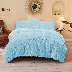 greenoak Duvet Cover Queen Size, Fluffy Luxury Plush Shaggy Duvet Cover Sets Velvet Bedding (1 Faux Fur Duvet Cover + 2 Pillowcases) Comforter Bed Sets 3 Pieces, Zipper Closure (Gradient Teal)