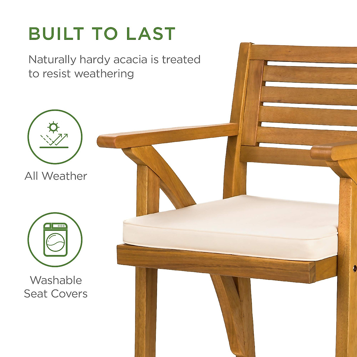 Best Choice Products Set of 2 Outdoor Acacia Wood Bar Stools Bar Chairs for Patio, Pool, Garden w/Weather-Resistant Cushions - Teak Finish