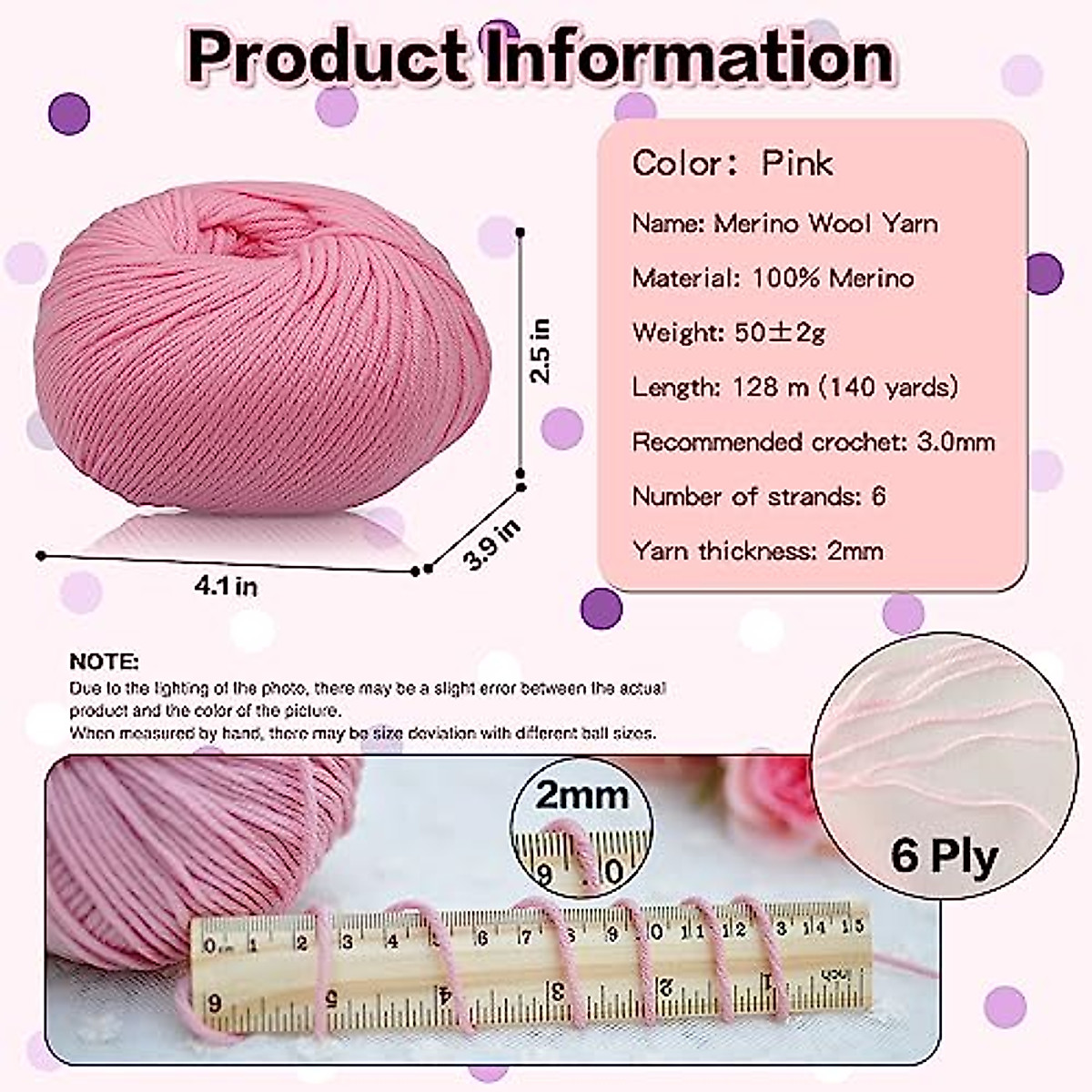 1 PCS 50g 100% Merino Wool Yarn, 6-Ply Warm and Soft Yarn for Hand Knitting and Crocheting, 140 Yards Yarn for Hand DIY Clothes, Scarves, Hats(Pink)
