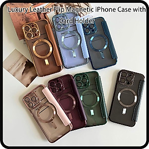 OSEVIO Transmitg Luxury Leather Flip Magnetic Phone Case with Card Holder, Transmitg Magnetic Leather Wallet Card Flip Transparent Case for iPhone 15 14 13 12 11 Pro Max (for iPhone 14 Pro,Brown)