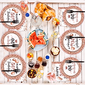 96 Pcs 50 and Fabulous Birthday Party Plates Napkins Tableware Set Rose Gold 50th Birthday Supplies Disposable Dinnerware Fifty Birthday Decoration Favors for Women, 24 Guests