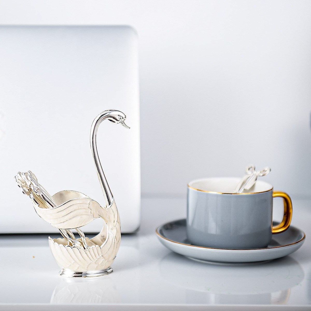 Feyarl Coffee Dessert Sugar Spoon Set Decorative Swan Base Holder with 6pcs Spoons for Stirring Mixing Dessert Ice Cream Coffee Teaspoon Cake Flatware (Silver)