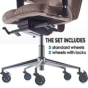 STEALTHO Patented Replacement Office Chair Caster Wheels Set of 5 - with 2 Brakes - Protect Your Floor - No More Chair Mat Needed - Blue Polyurethane - Quiet Rolling Over Cables - Standard Stem 7/16