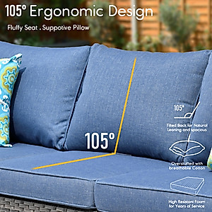 HOOOWOOO Patio Furniture Set,8 Piece Outdoor Furniture with Fire Pit Table,Wicker Patio Conversation Couch Chairs Ottoman Set,Denim Blue