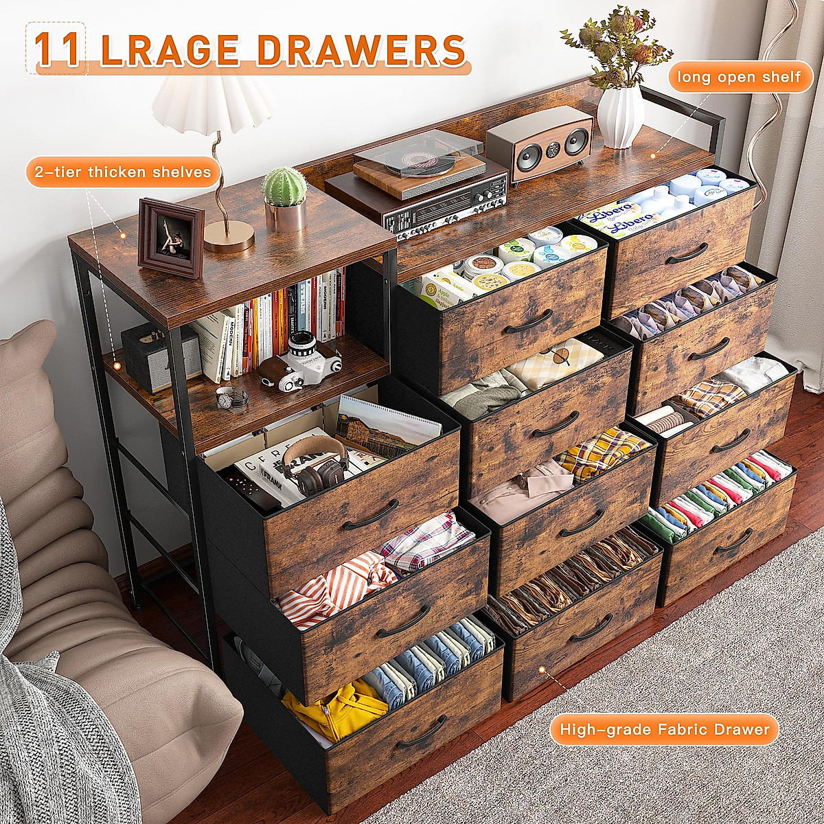EnHomee Dresser for Bedroom with 11 Drawers Long Dresser TV Stand with Shelves Wide Dressers & Chests of Drawers Large Dresser for Bedroom Dresser, Sturdy Metal Frame, Wood Top, Rustic Brown