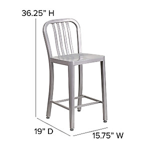 EMMA + OLIVER Commercial Grade 24" H Silver Metal Indoor-Outdoor Counter Stool w/Slat Back