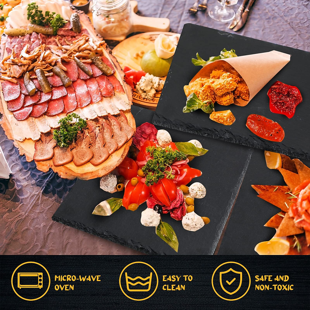 Didaey Set of 18 Slate Boards Black Slate Board Cheese Board Serving Stone Plates Sushi Slate Cheese Tray Individual Slate Platter for Christmas Chalkboard Cutting Food Cake Fruit Meat(Square)