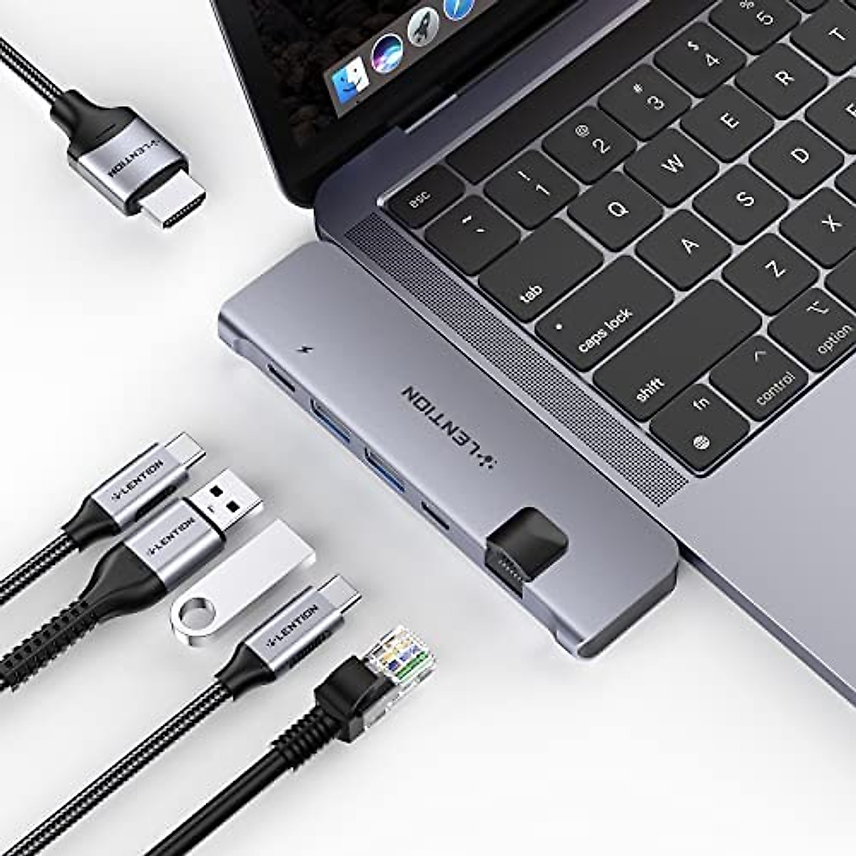 LENTION USB C Hub with Thunderbolt3(PD+Data Transfer+Video Output), 4K HDMI, USB 3.0, Gigabit Ethernet Mac Adapter Compatible 2016-2023 MacBook Pro, Mac Air(CS65, Light Gray)