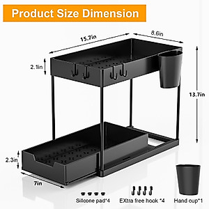 GORLDE Under Sink Organizers and Storage,2 Tier undersink organizers with Pull Out Sliding Drawers,Multi-purpose Bathroom Kitchen Under Cabinet Organizer with Hooks Hanging Cup,Black
