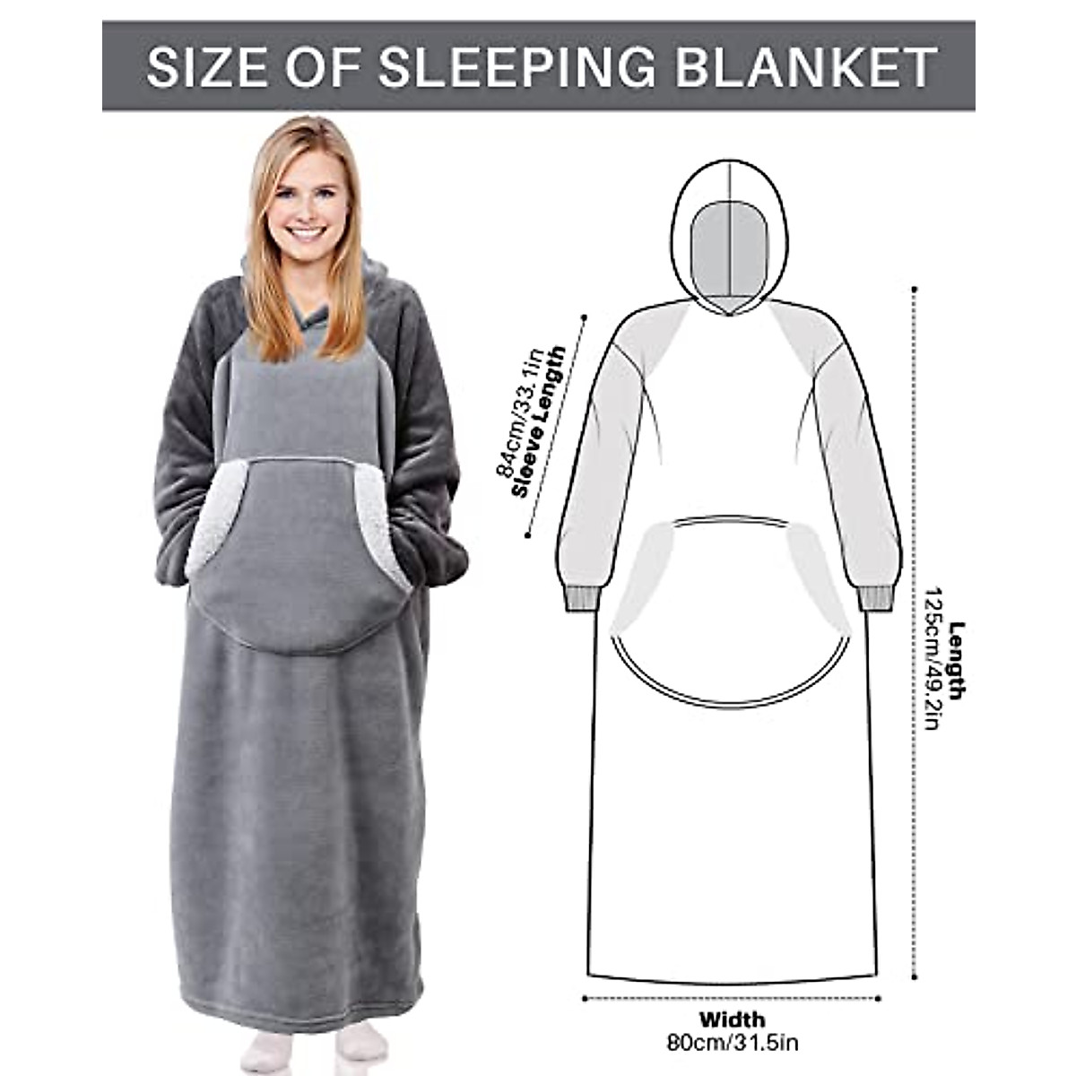 Blanket Hoodie Oversize Huge Hooded Blanket Sweatshirt with Deep Pockets and Elastic Sleeves, Women's Men's Fleece Lamb Fleece Soft Warm Comfortable Blanket Jacket Sweater Gift Adult Youth One Size