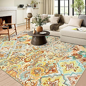 Washable Floral Medallion Print Low Pile Non-Slip Area Rugs Boho Vintage Large Accent Rug Floor Carpet for Living Room Bedroom Office Dining Room, Colorful Multi, 8'x10'