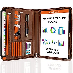 Wundermax Vegan PU Leather Portfolio with Zipper - Business Notebook Organizer for Resume - Padfolio for Men & Women w/Notepad Compatible with 10" iPad/Tablet Pocket Aesthetic School Suppliers, Brown