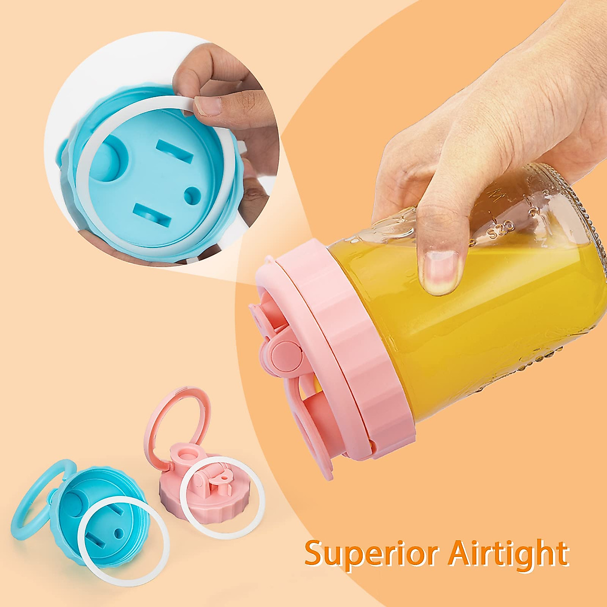 Mason Jar Lids, Wide Mouth Flip Cap Mason Lids with Straw Reusable Drinking Canning Lids Leak-proof Airtight Seal Easy Pouring Spout for Milk Coffee Lemonade Salad Dressings(Pink, Blue, 2)