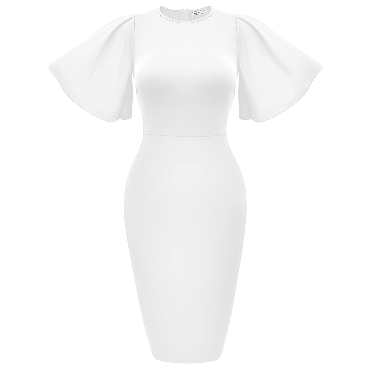 Memoriesea Women's Basic Bodycon Ruffle Flared Short Sleeve Pencil Midi Dress White