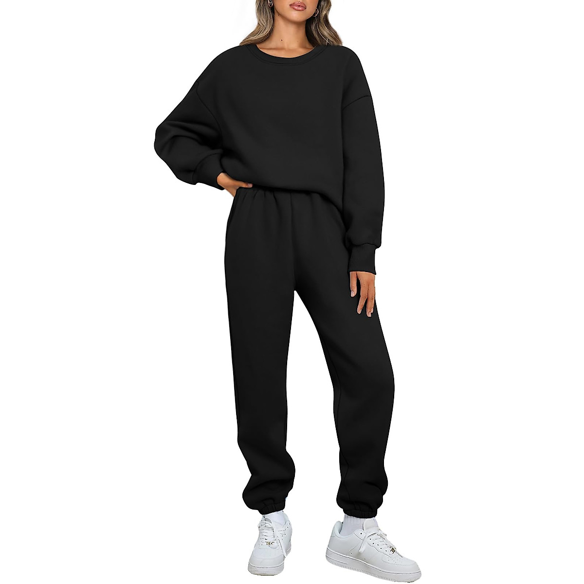 AUTOMET Sweatsuits for Women Set 2 Piece Outfits Oversized Sweatshirt Fall Outfits 2025 Lounge Sets Pullover Casual Trendy Y2k Clothing Sweatpants with Pockets Black XL