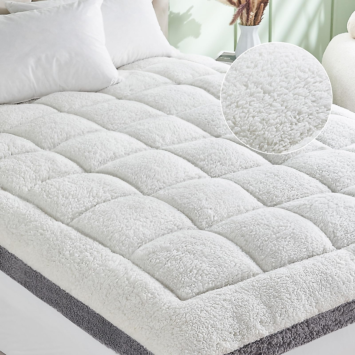 Mattress Topper Queen Size for Back Pain, Cymula Extra Thick 2 inch Sherpa Mattress Pad Bed Soft Pillow Top with 900GSM Fluffy Down Alternative Mattress Cover with 8-21" Deep Pocket, 60x80in White