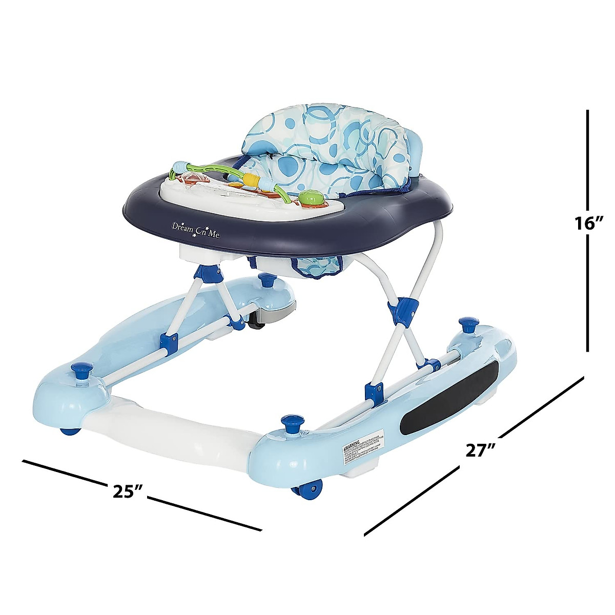 Dream On Me Go-Getter Baby Walker and Walk Behind Walker, Adjustable Seat Height, Comfortable Padded Seat, Easy to Fold, Pack and Store, Detachable Fun Tray, Blue