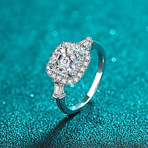 Moissanite 3 Stone Engagement Rings for Women, 2.0 Carat Moissanite Rings Solid Sterling Silver with 18K Gold Plated Chamfer Asscher Trapezoid Cut 3 Stone Anniversary Rings for Women D Color VVS1,