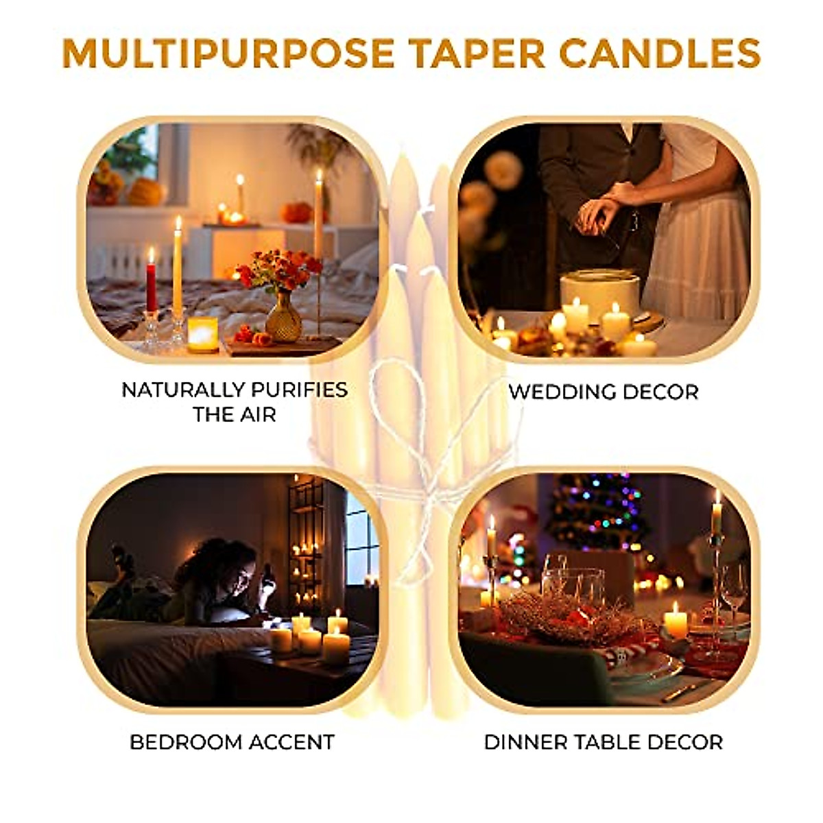 BeeTheLight Beeswax Taper Candles (Pack of 12) - Dipped Style Smokeless Unscented Candles - 12 Hours Burn Time Each - All Natural 100% Pure Beeswax Candle - Handmade Decorative Taper Candle Set