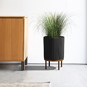 Veradek Demi Series Round Planter w/ Stand for Porch/Patio | Durable Plastic-Concrete & Wooden Stand | Modern Décor for Tall Plants, Flowers