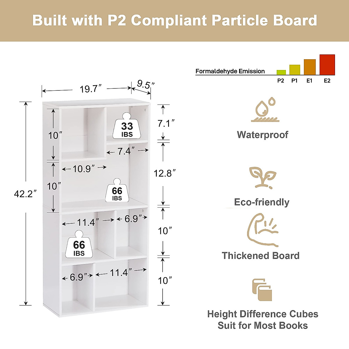 VECELO 42 Inch High Bookcase, 4-Tier Modern Storage Cabinet with Height Difference Shelves for Standard Textbooks, Floor Standing, 7 Cubes, Horizontal Available, Easy Assembly, Pearl White