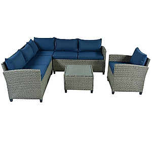 5 Piece Patio Furniture Outdoor Conversation Set Resin Wicker Cushioned Sectional Sofa with Coffee Table and Single Chair Blue Modern Contemporary Rattan Removable Cushions