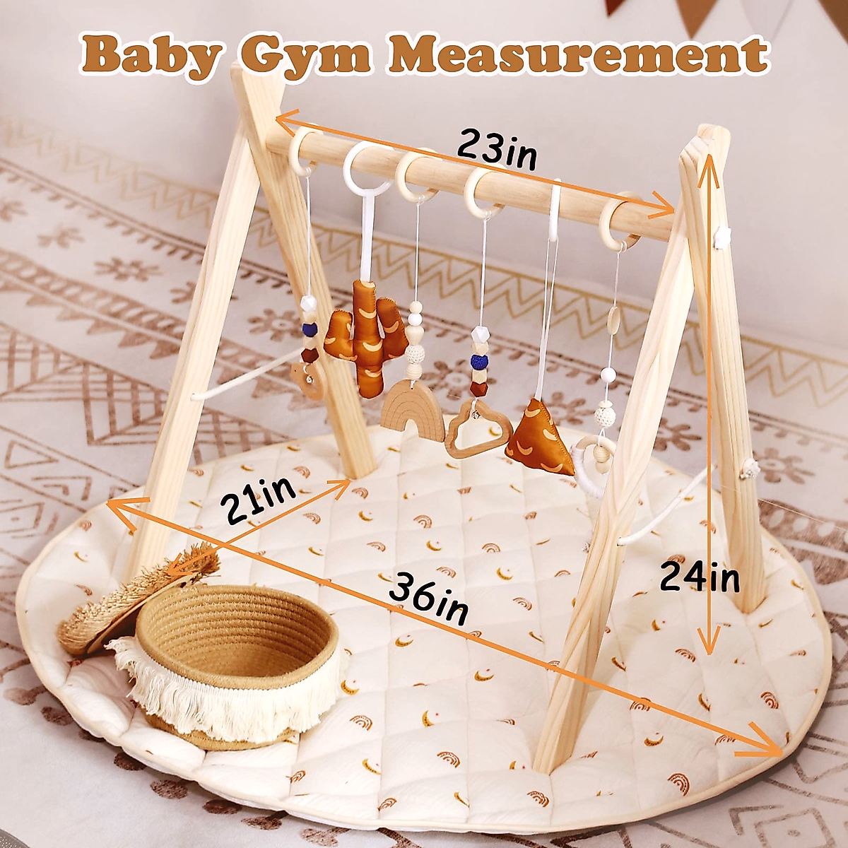 PgUp Wooden Baby Play Gym with Rainbow Mat, Foldable Baby Gym with Soft Playmats & 6 Hanging Toys for Baby Play & Learn, Toddler Activity Center Wooden Play Gym Newborn Gift for Baby Girls and Boys