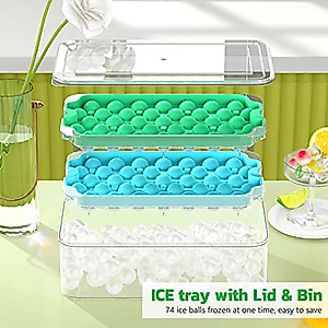 Upgrade Round Ice Cube Tray with Lid & Bin, TINANA Silicone Ice Ball Maker for Freezer, Easy Release Circle Ice Cube Tray with Container Make 74 Mini Ice Balls for Chilling Whiskey, Cocktail, Coffee
