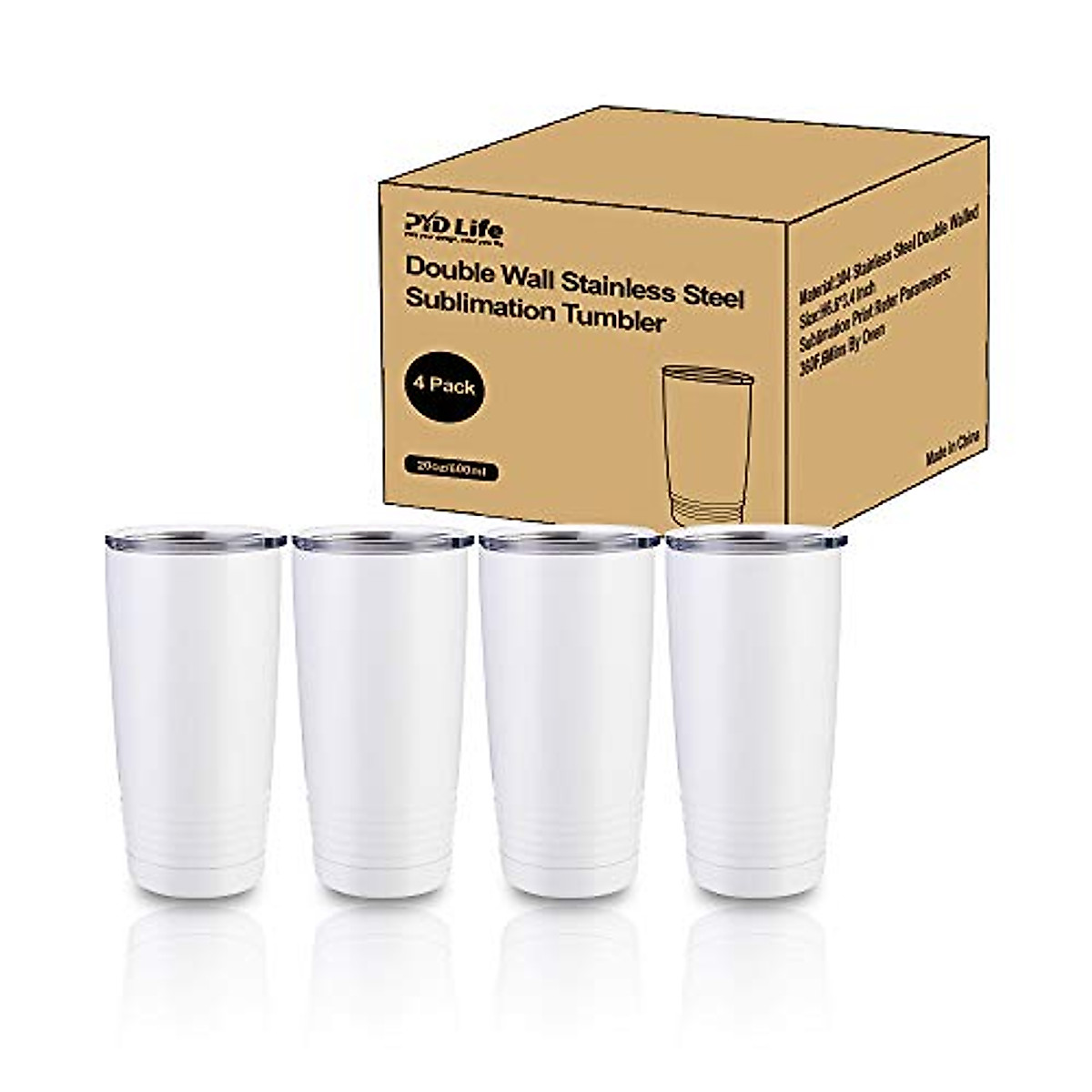 PYD Life Sublimation Blanks Tumbler White 20 OZ Stainless Steel Coffee Travel Tumbler Cups with Lid Sublimation Mugs Cups for Heat Transfer 4 Pack