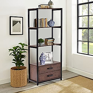 Industrial Wood Bookcase with Two Drawers, Book Storage Rack with Open Display Shelves 4-Tier Open Etagere Bookcase with Adjustable Foot Pads for Living Room, Bedroom, Office, Brown