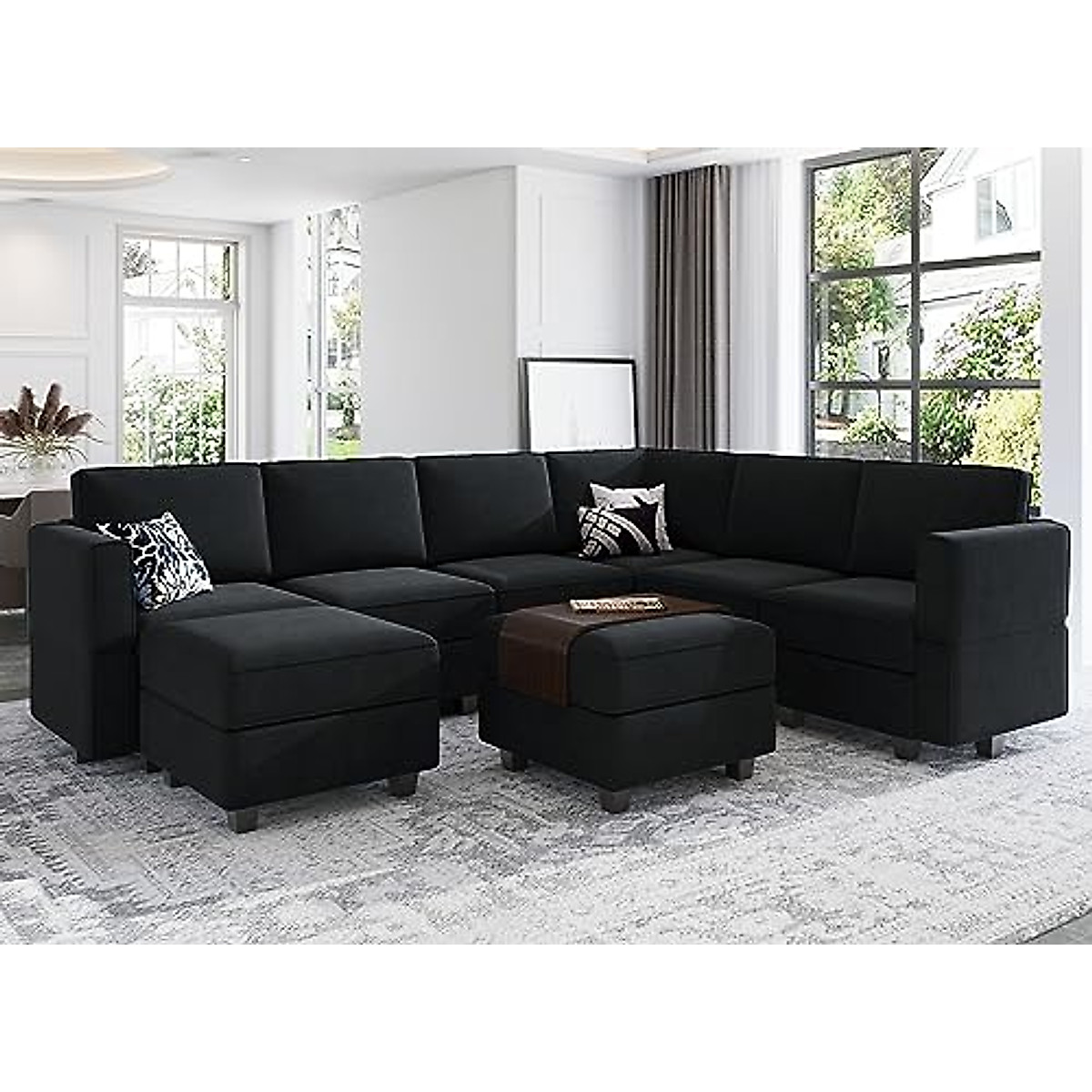 Belffin Modular Sectional Sofa with Storage Seat Oversized U Shaped Couch with Reversible Chaise Sofa Set with Ottoman Velvet Black