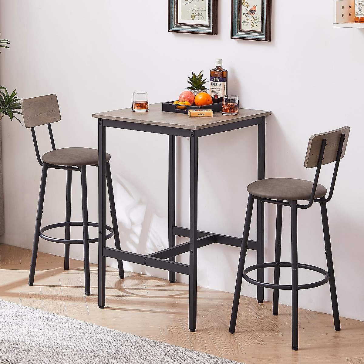 LostCat Bar Table and Chairs Set, Sqaure Bistro Table and Chairs Set of 2 with PU Soft Seat and Backrest, Dining Table Set for Small Spaces, Kitchen and Bar, Rustic Grey