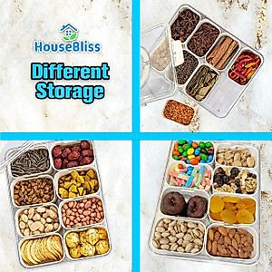 HouseBliss Divided Serving Tray with Lid and Handle, Portable Snackle Box Charcuterie Container, 8 Compartment Snack Divider Container for Candy, Fruits, Nuts, Perfect for Party, Picnic, Cream