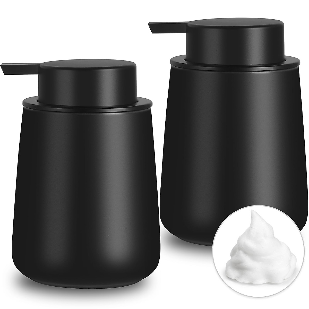 Mierting Foaming Soap Dispenser, 2 Pack Black Foam Hand Soap Dispenser for Bathroom & Kitchen, 12 Oz Modern Ceramic Hand and Dish Foaming Pump Bottle, Refillable Lotion Liquid Foam Pump Dispensers
