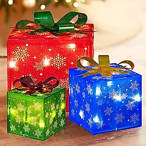 FUNPENY Set of 3 Christmas Lighted Gift Boxes, 50 LED Christmas Box Decorations, Presents Boxes (Snowflake)