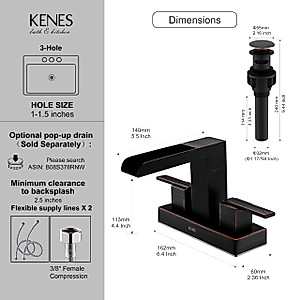 KENES Oil Rubbed Bronze Waterfall Bathroom Faucet, Two Handle Centerset Bathroom Sink Faucet, Vanity Faucet 3 Hole Bathroom Lavatory Faucet with Pop Up Drain & Supply Lines, KE-9053-8-P