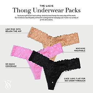 Victoria's Secret Lace Thong Panty Pack, Lay Flat Lace, Underwear for Women, 7 Pack, Playful Solids & Prints (S)