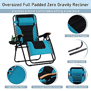 PHI VILLA XXL Oversized Padded Zero Gravity Chair, Foldable Patio Recliner, 30" Wide Seat Anti Gravity Lounger with Cup Holder, Support 400 LBS (Aqua)
