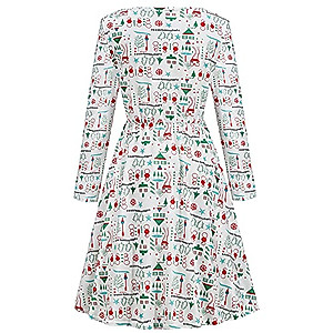 Christmas Dresses for Women Fashion Bow Belt Long Sleeve Crew Neck Fall Costume Casual Printing Plus Size Pleated Dress White