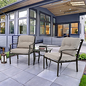 PHI VILLA Patio Conversation Sets 3 Piece Outdoor Bistro Set, 2 Steel Patio Chairs with Padded Cushions & 1 Coffee Side Metal Table