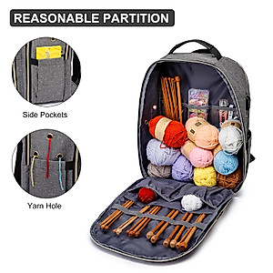 Knitting Bag Backpack, Crochet Bag Tote, Large Yarn Storage Tote Bag with USB Charging Port, Yarn Holder Case for Carrying Projects, Knitting Needles, Yarn Supplies, Grey